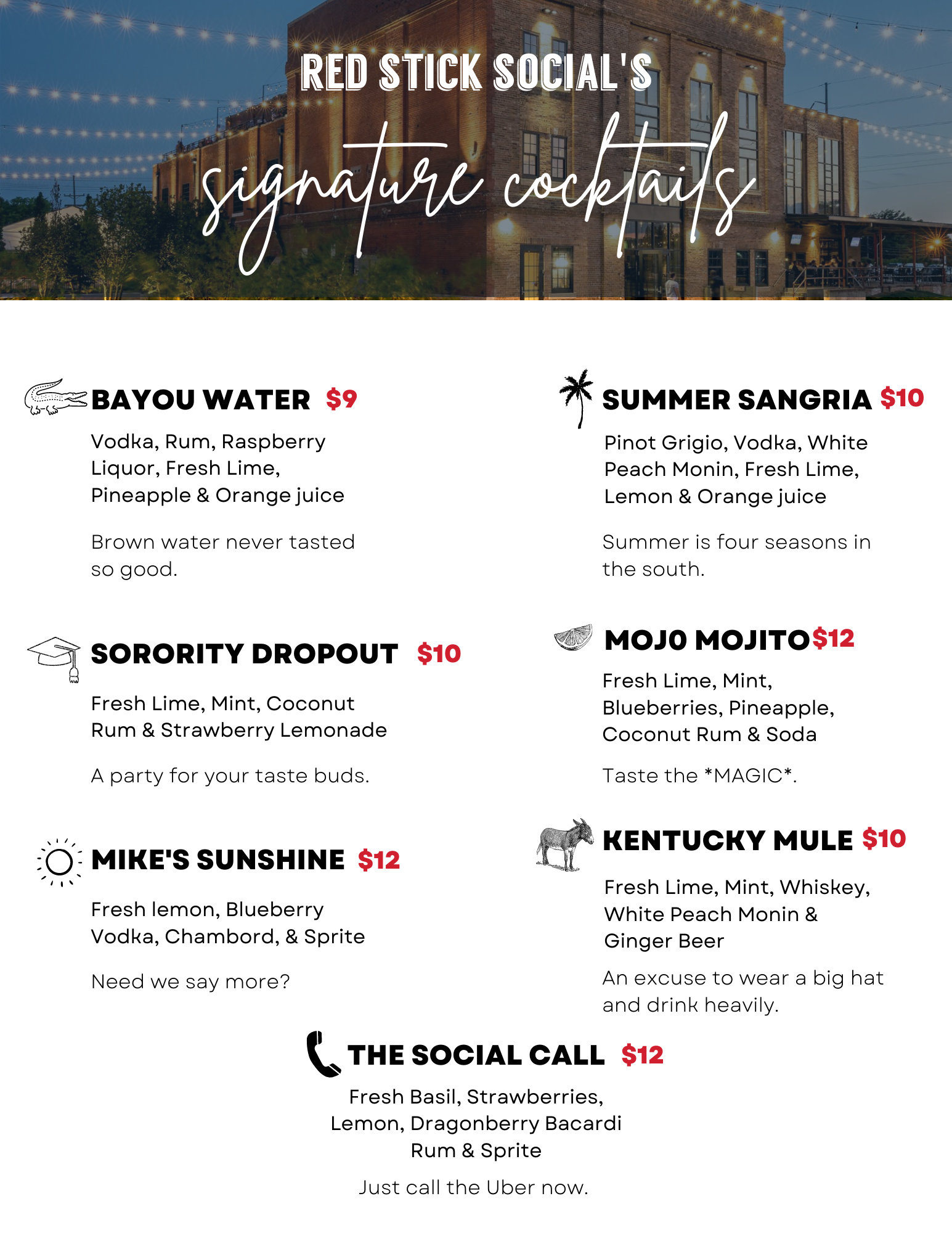 Signature Drink Menu - Red Stick Social